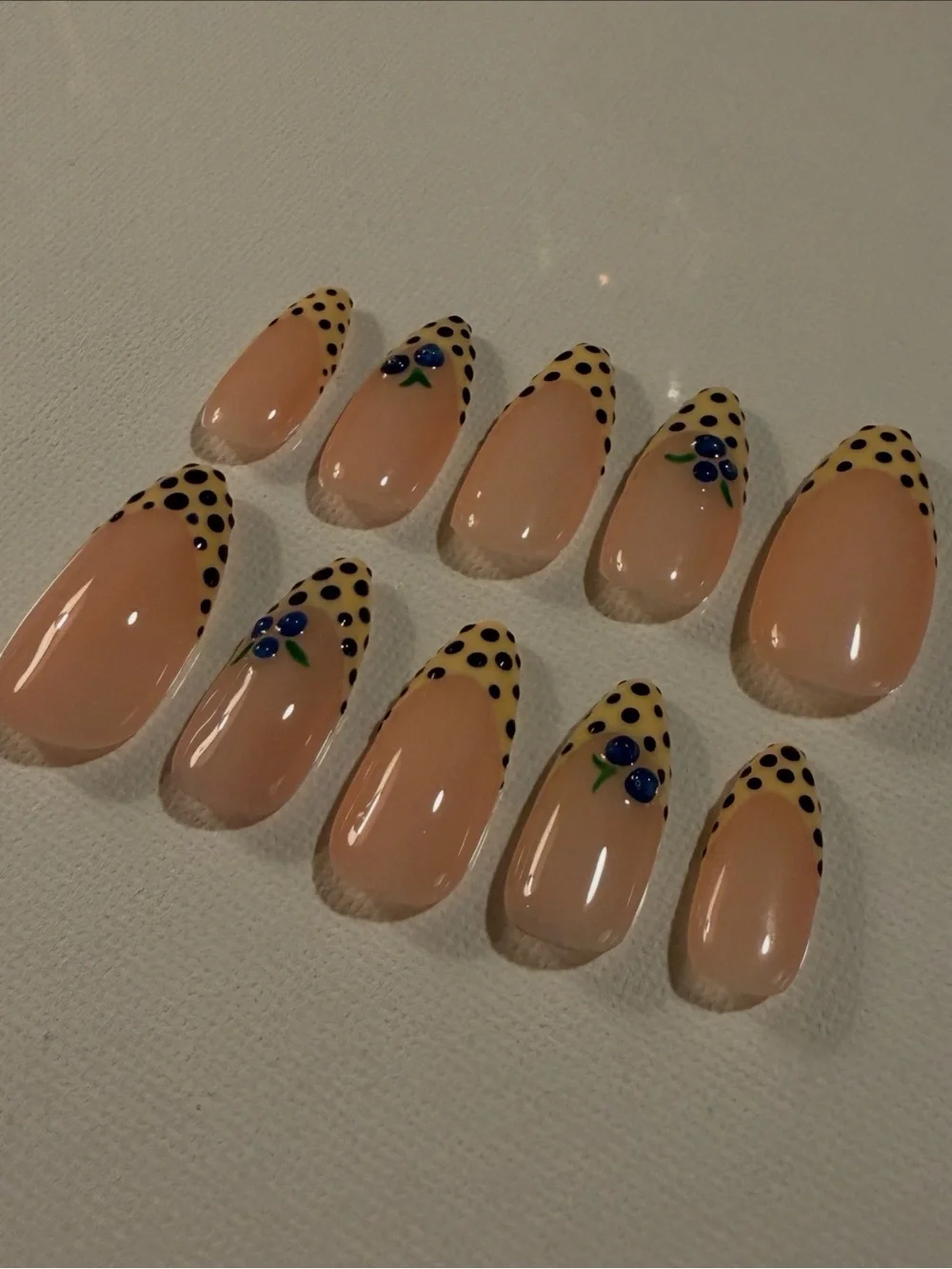 Makeup | Nude Presson Nails With Yellow Polkadot Tips And Blue Floral ...